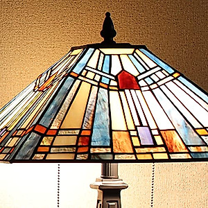 COTOSS Tiffany Table Lamp 16" Wide Handmade Stained Glass Lamp Shade 2 Light Blue Mission Style Vintage Table Lamp for Living Room Bedroom