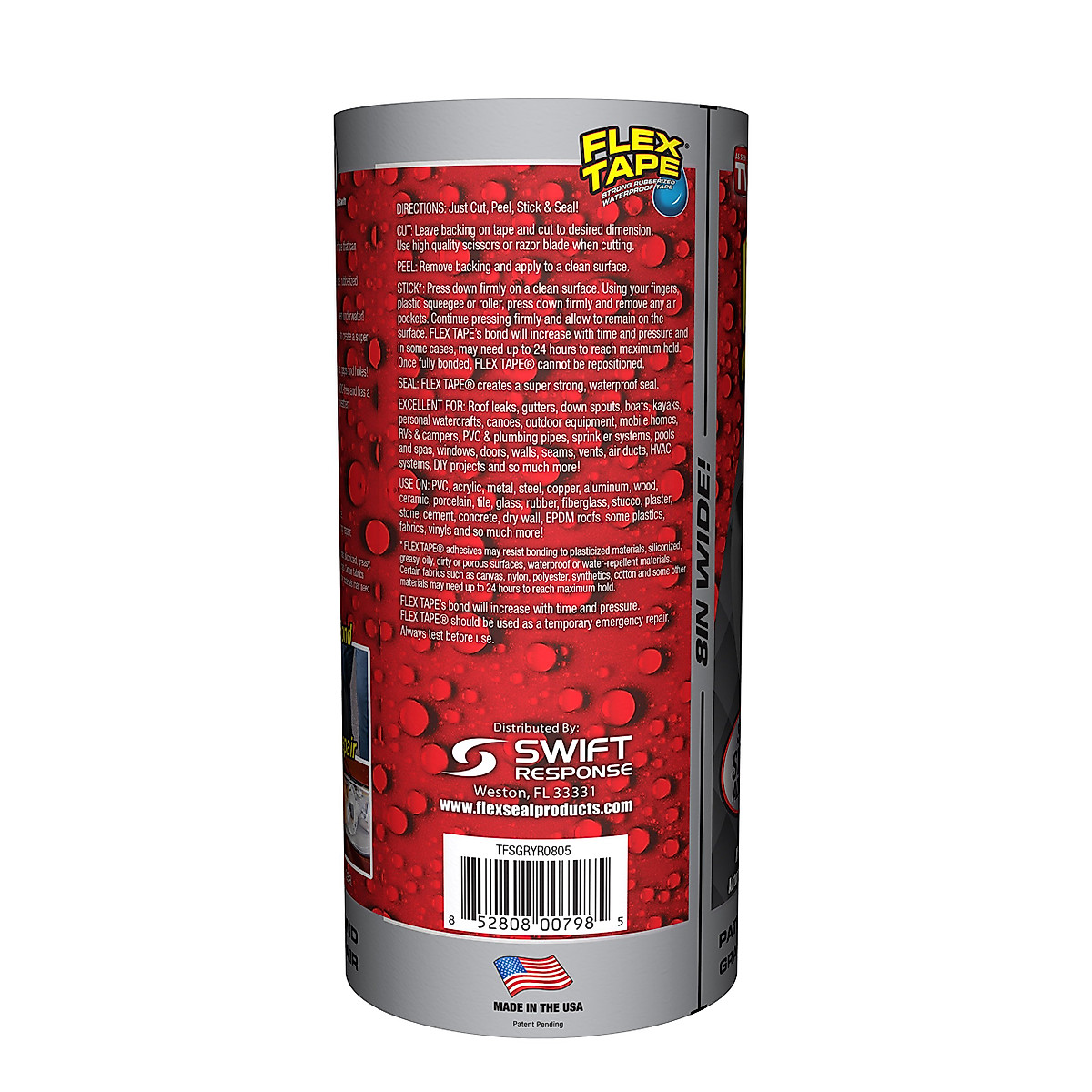 Flex Tape, 8 in x 5 ft, Gray, Original Thick Flexible Rubberized Waterproof Tape - Seal and Patch Leaks, Works Underwater, Indoor Outdoor Projects - Home RV Roof Plumbing and Pool Repairs