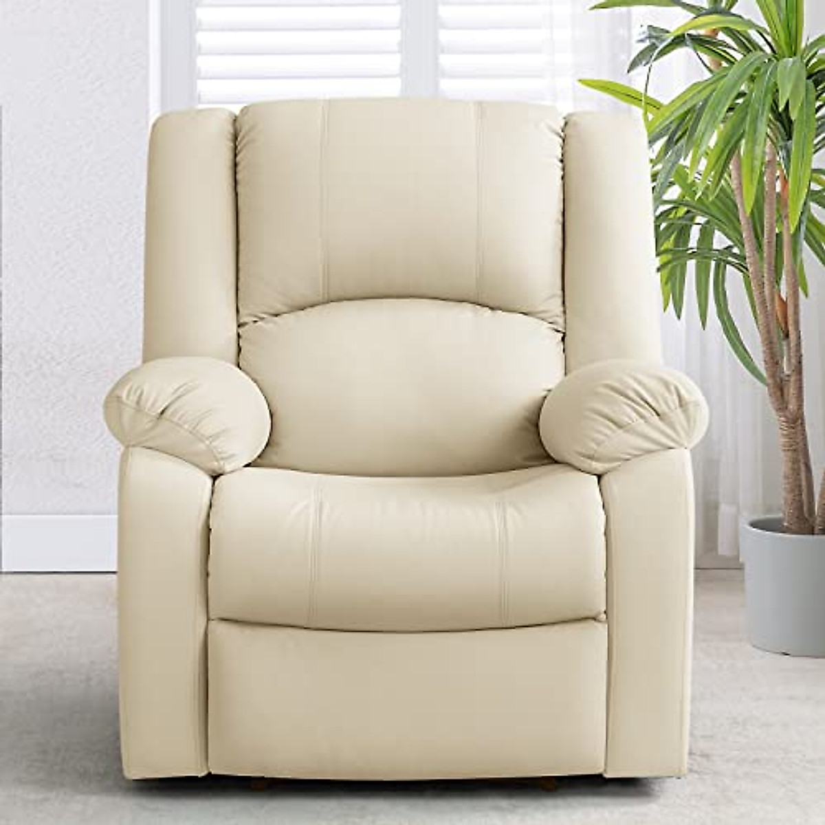 ASHOMELI Large Real Leather Recliner Chair, 150 Degree Tilt, Living Room Bedroom Sofa Recliner (Beige)