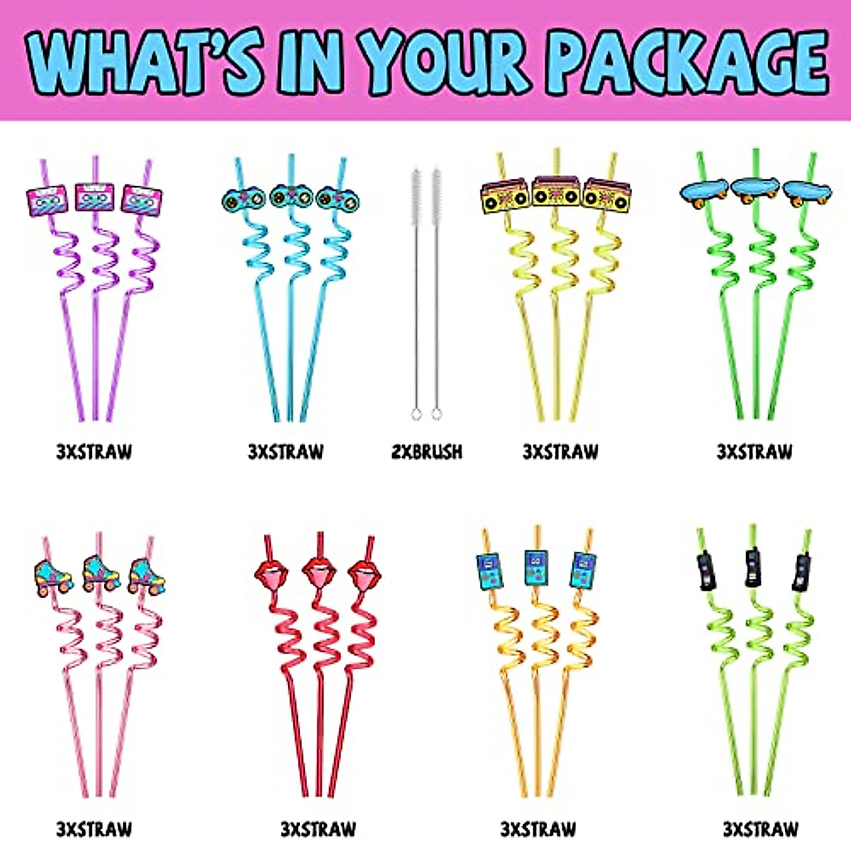 24 90s Party Favors 1990's Retro Element Straws Drinking Straws for Back to The 90s Party Decorations Supplies with 2 PCS Straws Cleaning Brush
