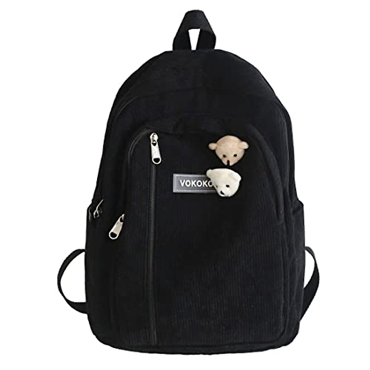 MBVBN Stripe Cute Corduroy Backpack Student Shoulder Bag with 3D Bear Pendant (Black) Medium