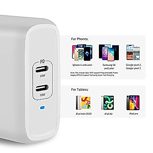 Amazon Basics 36W Two-Port USB-C Wall Charger with Power Delivery PD for Tablets & Phones (iPhone 14/13/12/11/X,iPad,Samsung)-White (non-PPS)