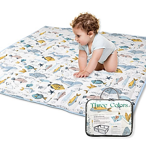 Three Colors Play Mat for Baby, Baby Mat for Floor, Playmat for Babies, 50x50 Play Mat for Playpen, Soft & Skin-Friendly Cotton Fabric, Non-Slip Foldable Activity Playpen Mat (Fish)