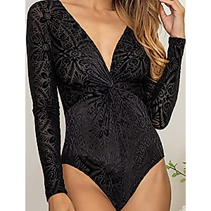 Avery Rose - Dominique Sexy Long-Sleeved Black Burnout Velvet Twisted V-Neck Bodysuit (Small), Made in USA