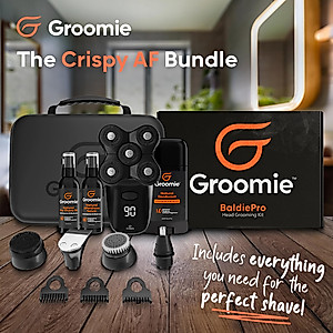 Groomie Crispy AF, Shaving & Grooming Kit for Bald Men - Set Includes BaldiePro Electric Razor, Pre-Shave Oil, Aftershave, Deodorant & Travel Carrying Case - All-in-One Head Shaver Kits for Men
