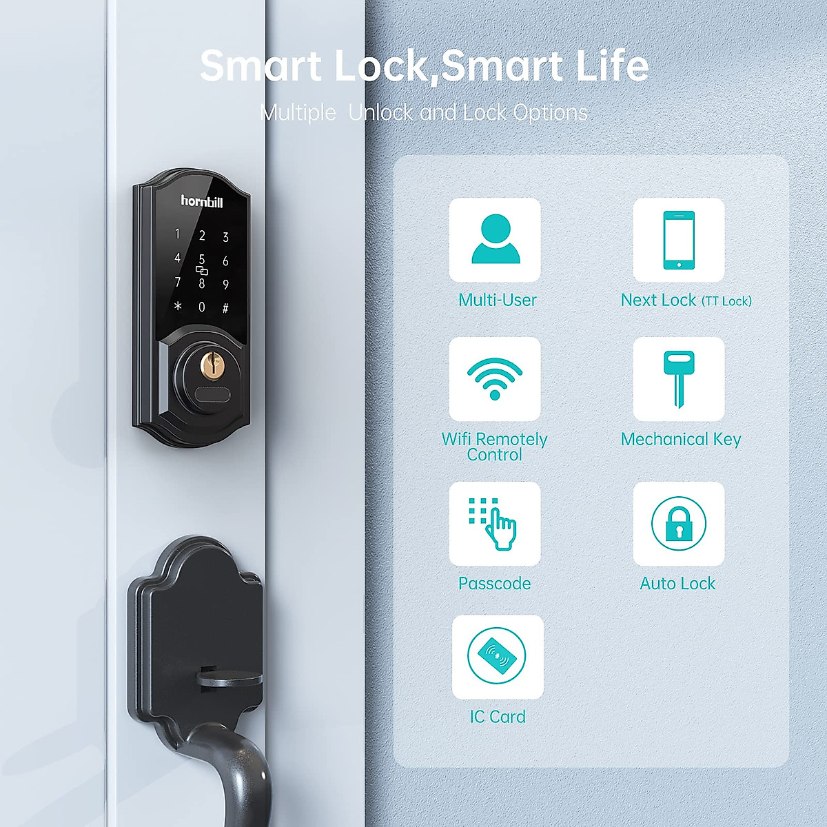 WiFi Smart Door Lock,Hornbill Keyless Entry Keypad Deadbolt with Gateway Remote Control Digital Front Door Lock Bluetooth Electronic Auto Lock Touchscreen Work with Alexa Code for Home Office Airbnb