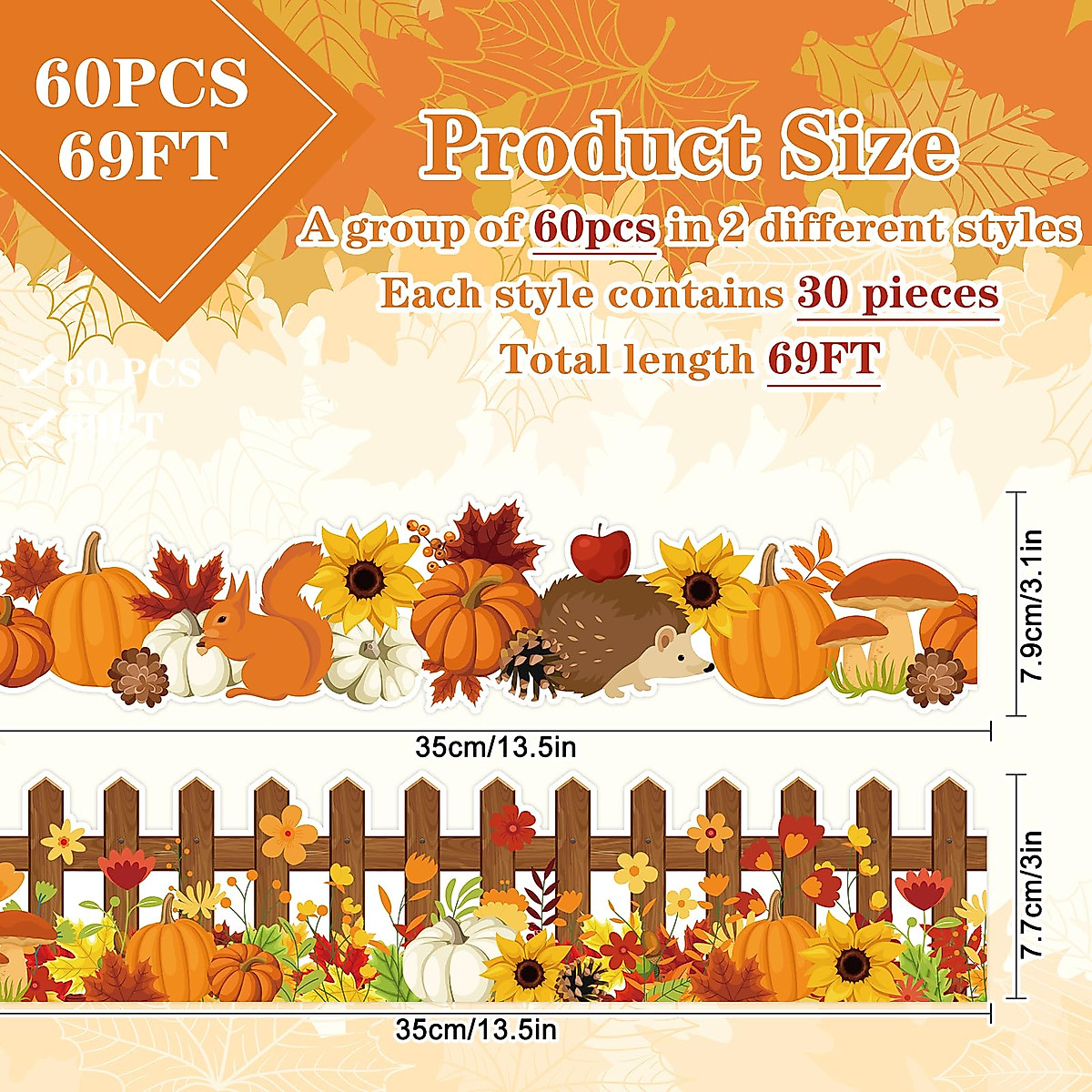 Whaline 69FT Fall Bulletin Board Borders Autumn Fence Flower Border Trim Self-Adhesive Pumpkin Fall Leaves Squirrel Hedgehog Board Decal Stickers for School Classroom Wall Thanksgiving Decor