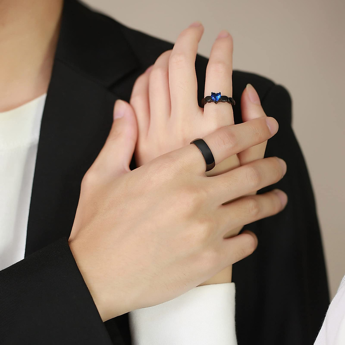 TempBeau Personalized Promise Rings for Couple - Custom ID Cubic Zirconia Heart Wedding Ring, His and Her Stainless Steel Matching Ring Set, Engagement Valentine's Day Gifts for Women Men