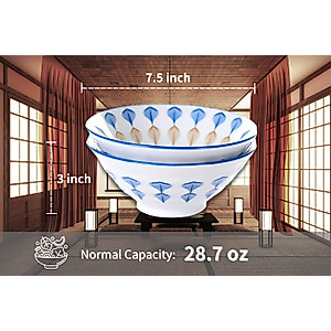 Braque Ceramic Japanese Ramen Bowl, Set of 2, 28.7oz Porcelain Bowls with Spoons – for Ramen, Pho, Udon, Soup, Salad – Asian Rustic Design, Chip Resistant, High Grade Lead & BPA Free - Leafage Echo
