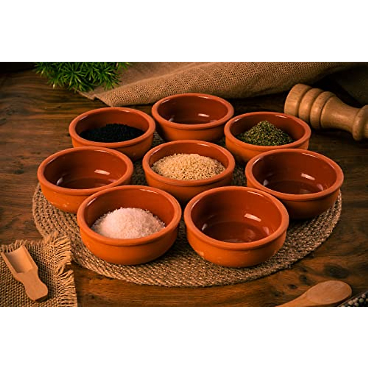 LUKSYOL Handmade Colored Clay Bowls: Authentic Mexican Pottery Set of 8 for Culinary Delights - Ideal for Tajine, Indian, Korean Cuisine, Microwave & Oven Safe, 3.9 x 1.6 inches, Brown Glazed