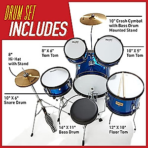 Mendini by Cecilio Kids Drum Set 5 Piece - Full 16in Youth Drumset with Bass, Toms, Snare Drum, Cymbal, Hi-Hat, Drumsticks & Seat for 5 to 12 Year Old and Beginner Adult Set - Blue