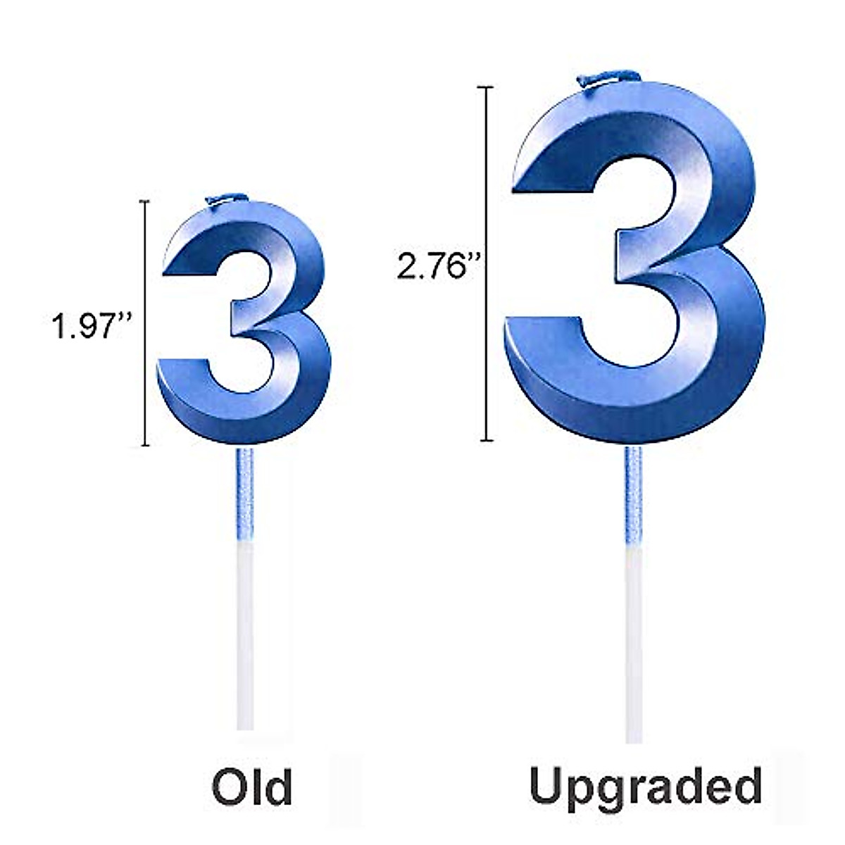 2.76'' Extended XXL Large Gold Glitter Happy Birthday Long Numbers Candles 3D Design Cake Topper Decoration for Adults/Kids Party Wedding(Blue, 3)