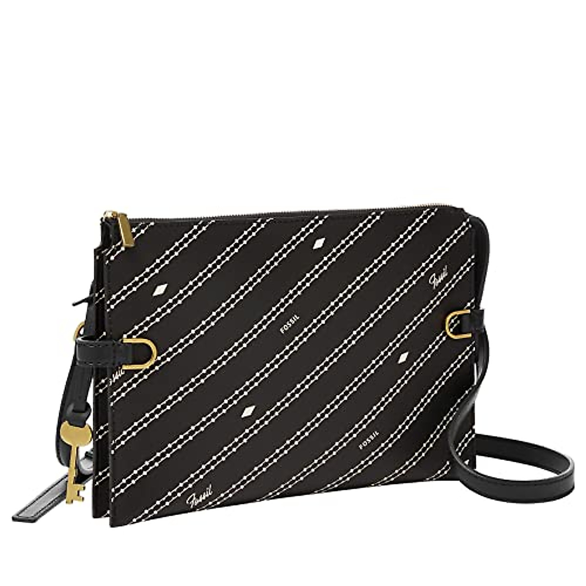 Fossil Women's Kier Vegan Cactus Crossbody Purse Handbag, Black/Bone Signature Print (Model: ZB1698104)