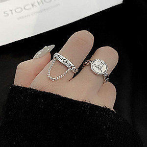 Adjustable Belt Buckle Rabbit Engraved Lucky B Chain Rings Set Silver For Women Goth Viking Kpop Punk Vintage Open Stackable Ring Set For Daughter Mom Jewelry