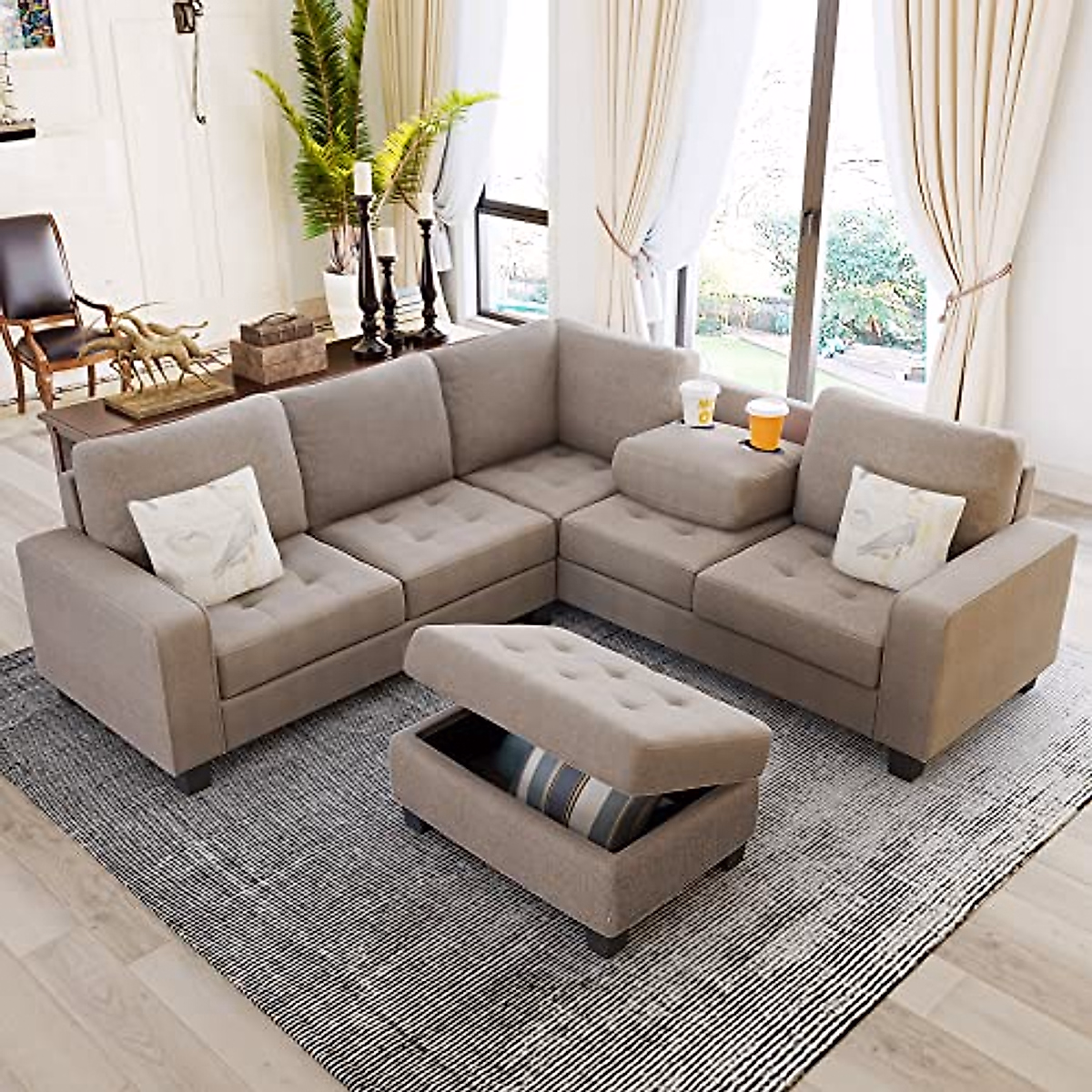 Merax Sectional Corner Sofa Set, Modern L-Shaped Couch with Storage Ottoman and Cup Holders for Living Room, Linen Brown
