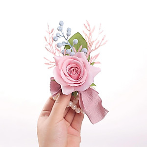 GLIDLION 2Pcs Men Boutonniere and Woman Wrist Corsage Set,Artificial Flowers Groom/Groomsman Boutonniere Pins,Bride/Bridesmaid Wrist Corsage for Wedding Party Homecoming Prom (Dusty Pink)