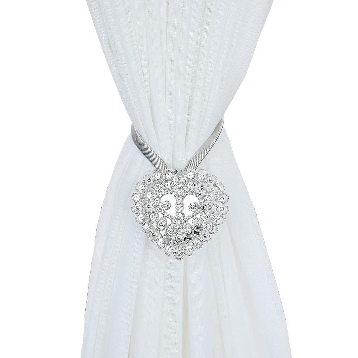 2PCS Magnetic Curtain Tiebacks Crystal Heart Shape Window Curtain Holdbacks Buckles Tie Backs Holders with Stretchable Wire Rope for Home and Office Decoration,Silver