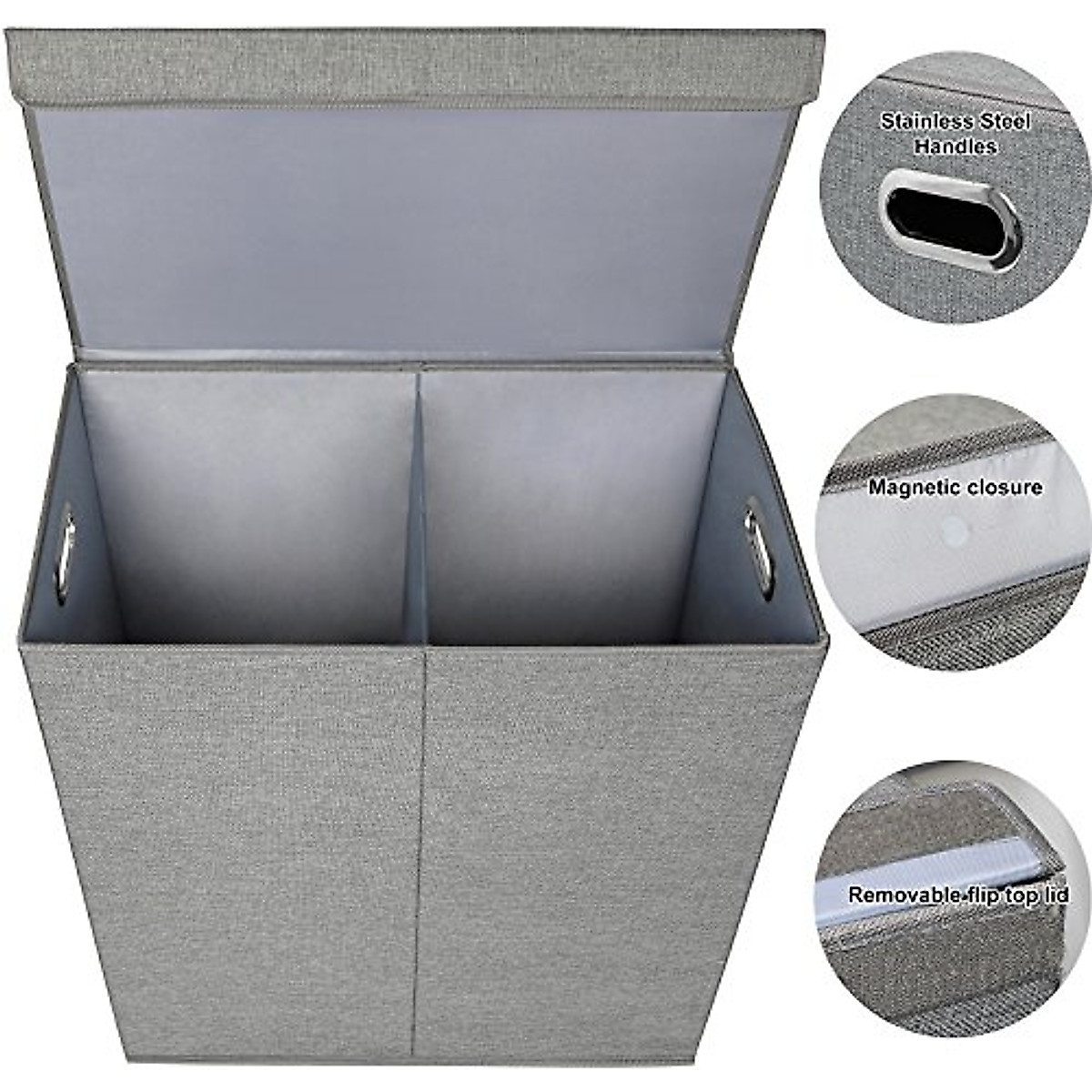 Greenco Double Laundry Hamper w/Lid, Gray | 2 Section/Compartment, Divided, Foldable Hampers | Dirty Clothes/Landry Basket, Bag, Organizer, Storage | Room Organization Accessories, Bedroom Essentials