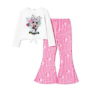L.O.L. Surprise! Girls 2 Piece Outfits Tie Knot Long Sleeve Tee Top and Heart Pink Bell Bottom Flared Pants Set White 7-8 Years