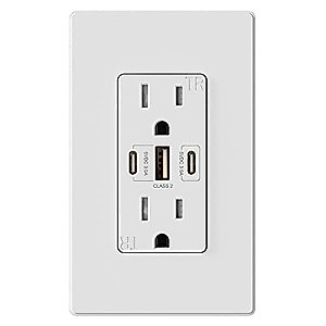 ELEGRP 30W 6.0 Amp 3-Port USB Wall Outlet, 15A Receptacle with Dual USB Type C & Type A Ports, USB Charger for iPhone/iPad/Samsung/LG/HTC/Android Devices, UL Listed, w/ Wall Plate, 1 Pack, Matte White