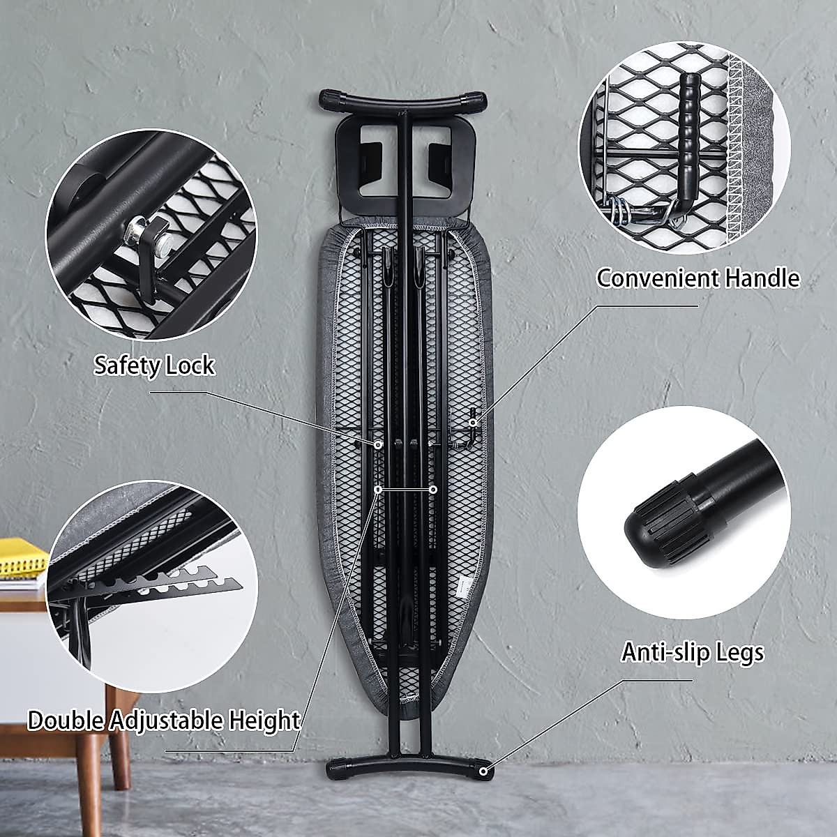 Duwee 13"x38" Ironing Board with Heat Resistant Cover and Thicken Felt Pad, Folding Adjustable Height Large Ironing Board,Heavy Sturdy Legs,Black