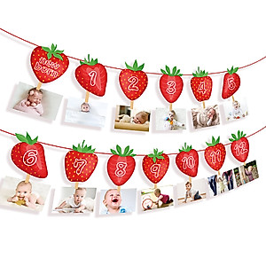 Strawberry Monthly Photo Banner - Sweet Berry 1st Birthday Monthly Banner Baby Girl 12 Month Photo Display Milestone Photograph Bunting Garland for Strawberry First Birthday Party,Baby Shower,Berry