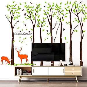 Giant Large Jungle 7 Brown Tree Wall Decal DIY Removable Vinyl Sticker Green Leaf Leaves Birds and Deer Wallpaper for Kids Girl Boy Bedroom Living Room Nursery Rooms Home Offices Walls 118" x 83"
