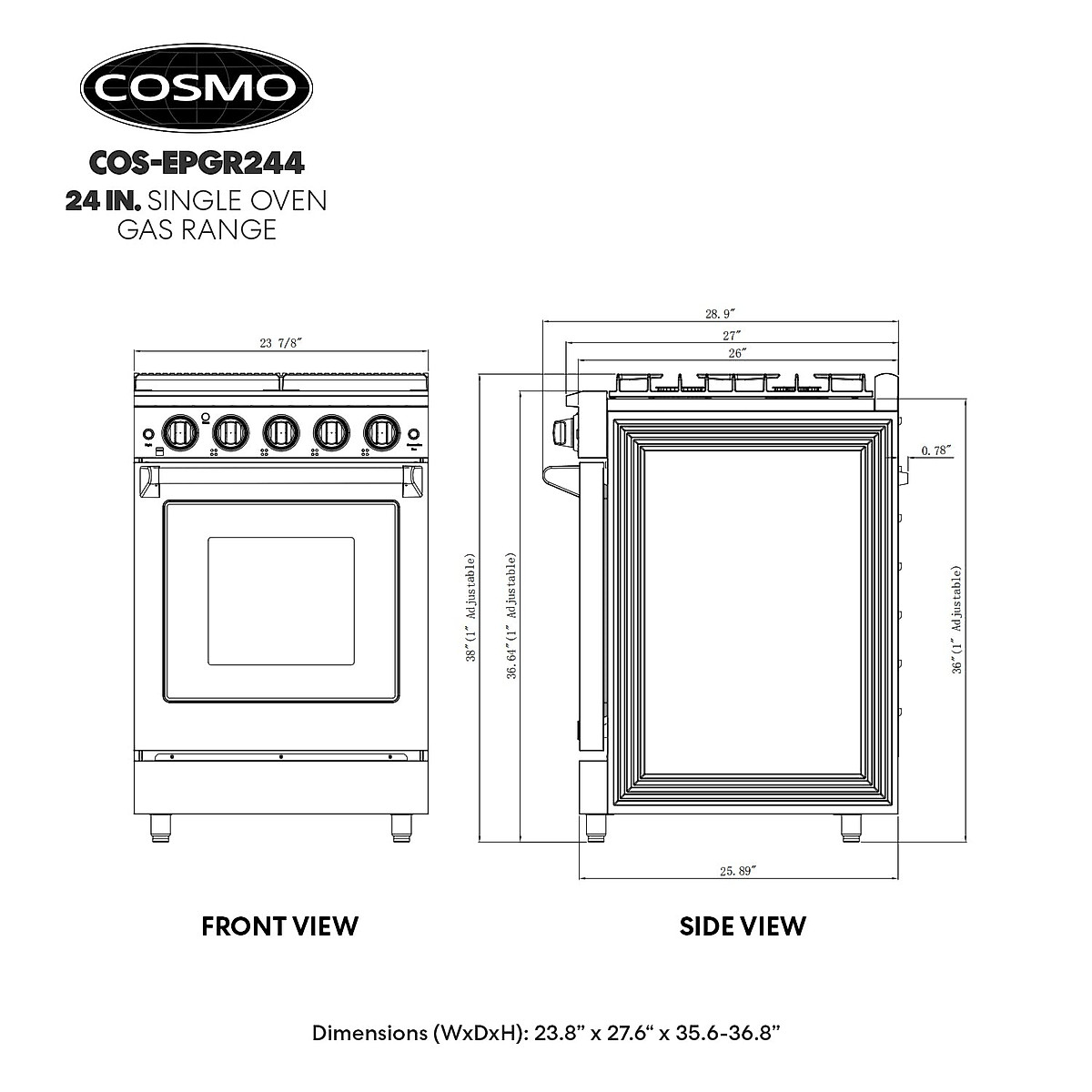 COSMO COS-EPGR244 24 in. Haven Collection 3.73 cu. ft. Gas Range with 4 Sealed Burners, Cast Iron Grates, Convection Oven, Stainless Steel