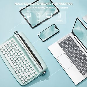 YUNZII ACTTO B303 Wireless Keyboard, Retro Bluetooth Aesthetic Typewriter Style Keyboard with Integrated Stand for Multi-Device (B303, Ivory Butter)