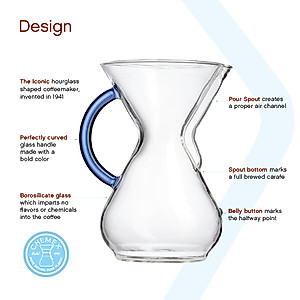 Chemex Pour-Over Glass Coffeemaker - Colored Glass Handle Series - 6-Cup Sapphire - Exclusive Packaging