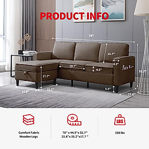 PUREMIND 78 Inches Convertible Sectional Sofa, Linen L-Shaped Sofa Couch with Reversible Storage Ottoman, Wooden Legs, 3-Seat Sectional Couches for Living Room, Small Space, Apartment (Coffee)…