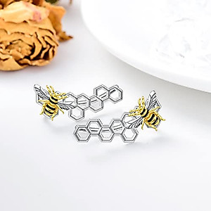 PELOVNY 925 Sterling Silver Bee Earrings Honeycomb Bee Ear Climbers Earrings Jewelry Gifts for Women