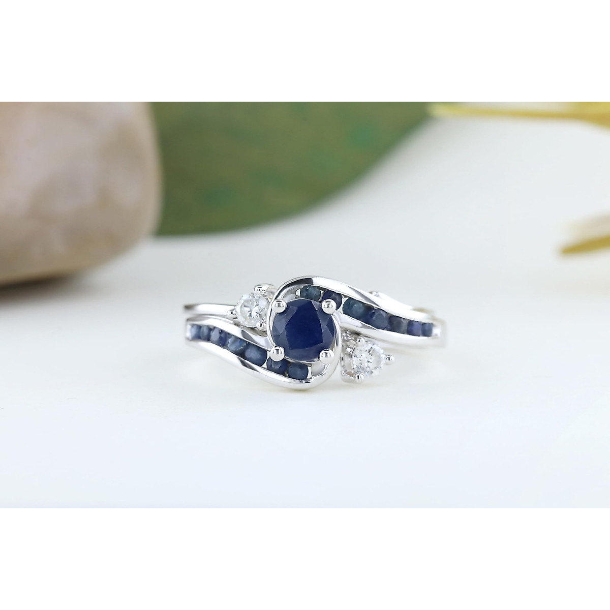 Dazzlingrock Collection 10K Round Blue Sapphire And White Diamond Swirl Bridal Engagement Ring Set, White Gold, Size 8.5