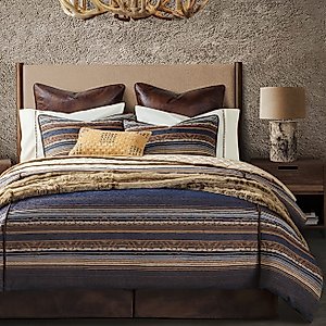Paseo Road by HiEnd Accents Estes Western Bedding 3 Piece Super King Duvet Cover Set, Blue Striped Rustic Cabin Bed Set, Faux Leather Details, Chenille Jacquard Comforter Cover and 2 Pillow Shams