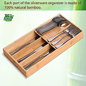 guiogc Medium double layer Bamboo Silverware Organizer, Kitchen Silverware Drawer Organizer, Utensil Tray Holder, Cutlery Tray for Spoons, Forks, Knives