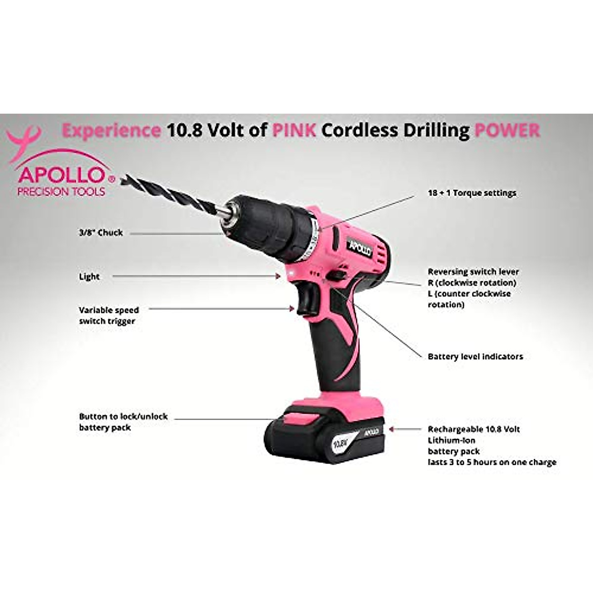 Apollo Tools Powerful Lightweight Cordless Drill, 10.8 Lithium Ion Battery with 30-Piece Accessory Drill Bit Set - Pink Ribbon - Pink- DT4937P