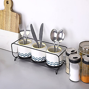 JUXYES Set of 3 Ceramic Flatware Holder for Countertop, Desktop Silverware Organizer Utensil Holder With Black Metal Rack, Flatware Caddy Cutlery Holder Silverware Organizer for Kitchen Dining Tables
