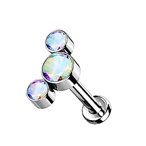 Pierced Owl 16-18GA G23 Implant Grade Titanium Threadless Push-In Triple Round CZ Crystal Curved Flat Back Lip Cartilage Ear Lobe Stud (Aurora Borealis, 18GA)