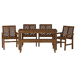 Walker Edison 7 Person Outdoor Wood Chevron Patio Furniture Dining Set Table Chairs Bench All Weather Backyard Conversation Garden Poolside Balcony, 6 Piece, Dark Brown
