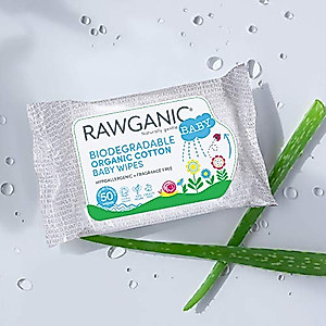 RAWGANIC Gentle Biodegradable Organic Cotton Baby Wipes | Hypoallergenic Wet Wipes for Nappy Change, Face and Body Cleansing | with Aloe Vera (6 Packs of 50 (300 Wipes))