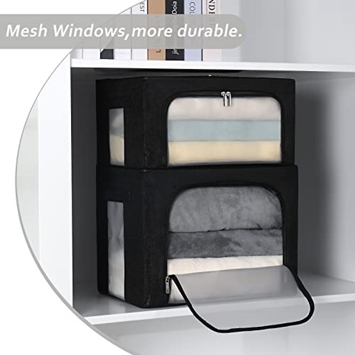 2 Pack Clothes Storage Bins - Foldable Metal Frame Storage Box with Mesh Windows - Stackable Linen Fabric Organizer Set with Carrying Handles