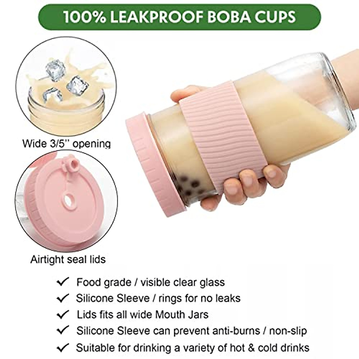 Zrlljp Reusable Boba Cup Bubble Tea Cup 4 Pack, 24Oz Wide Mouth Smoothie Cups with Lid,Silicone Sleeve & Angled Wide Straws, Leakproof Glass Mason Jars Drinking Boba Cup Travel Tumbler for Large Pearl