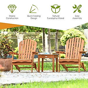 Tangkula 3 Pieces Adirondack Chair Set, Outdoor Wood Furniture Set with 2 Folding Lounge Chairs & Side Table, Widened Armrest, Slatted Design, All Weather Conversation Set for Garden Patio Backyard