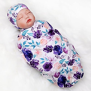 Newborn Receiving Blanket Girl, Stretchy Baby Swaddle Blankets Headband Hat Set, New Born Hospital Outfit Infant Shower Gift, 0-3 Months, Purple Floral