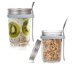 Overnight oatmeal jars - Overnight Oats Containers with Lids - Glass Jars for Overnight Oats - Set Of 2 - Jars with Lids - Mason Jars For Overnight Oats - Glass Jar With Lid And Spoon - Jars To Go