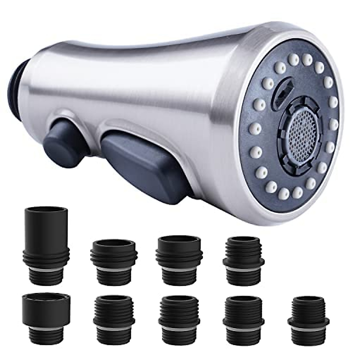 Pull Down Spray Head for Kitchen Faucet, 3-Function Kitchen Sink Spray Nozzle with 9 Adapters, Faucet Head Replacement Compatible with Moen, American Standard, Delta, Kohler Faucets, Brushed Nickel