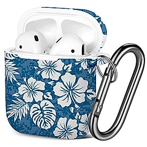 [ Compatible with AirPods 2 and 1 ] Shockproof Soft TPU Gel Case Cover with Keychain Carabiner for Apple AirPods (Aloha Hawaiian Flowers)