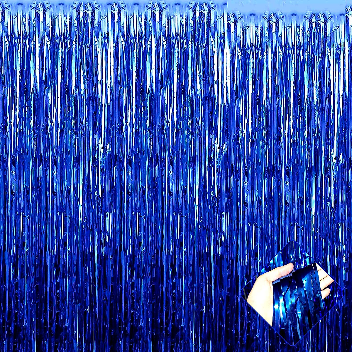 4 Pack 3.2Ft x 8.2Ft Blue Foil Fringe Curtain Backdrop, Metallic Tinsel Foil Fringe Streamers Curtains Background for Photo Booth, Birthday, Wedding, Halloween, Christmas Party Decoration