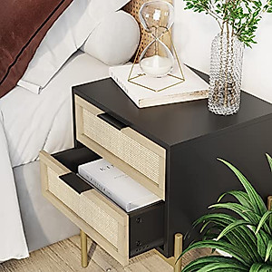Nathan James Andrew Nightstand, Accent Bedside End Side Table with Storage Drawer, and Mid-Century Modern Legs for Living Room or Bedroom, 1, Black/Cane/Gold