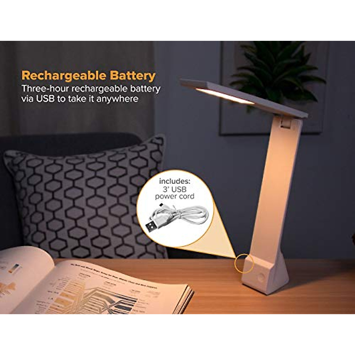 Bostitch Office KT-VLED1810-WHITE Rechargable Battery LED Desk Lamp, 3 Color Temperatures, Flip Open, White